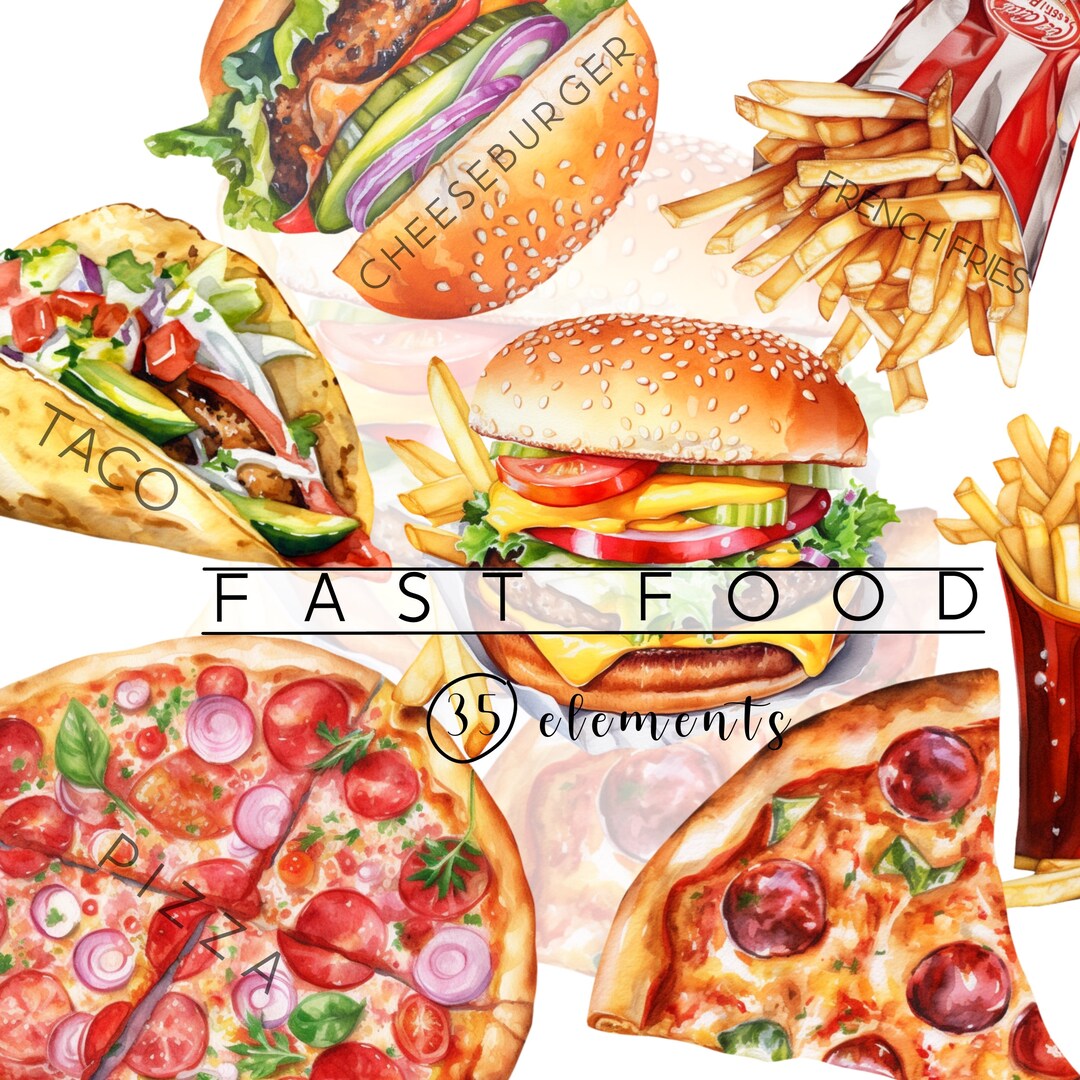 Watercolor Fast Food Clipart. Burger Png. Pizza Clipart. Fried Fries ...
