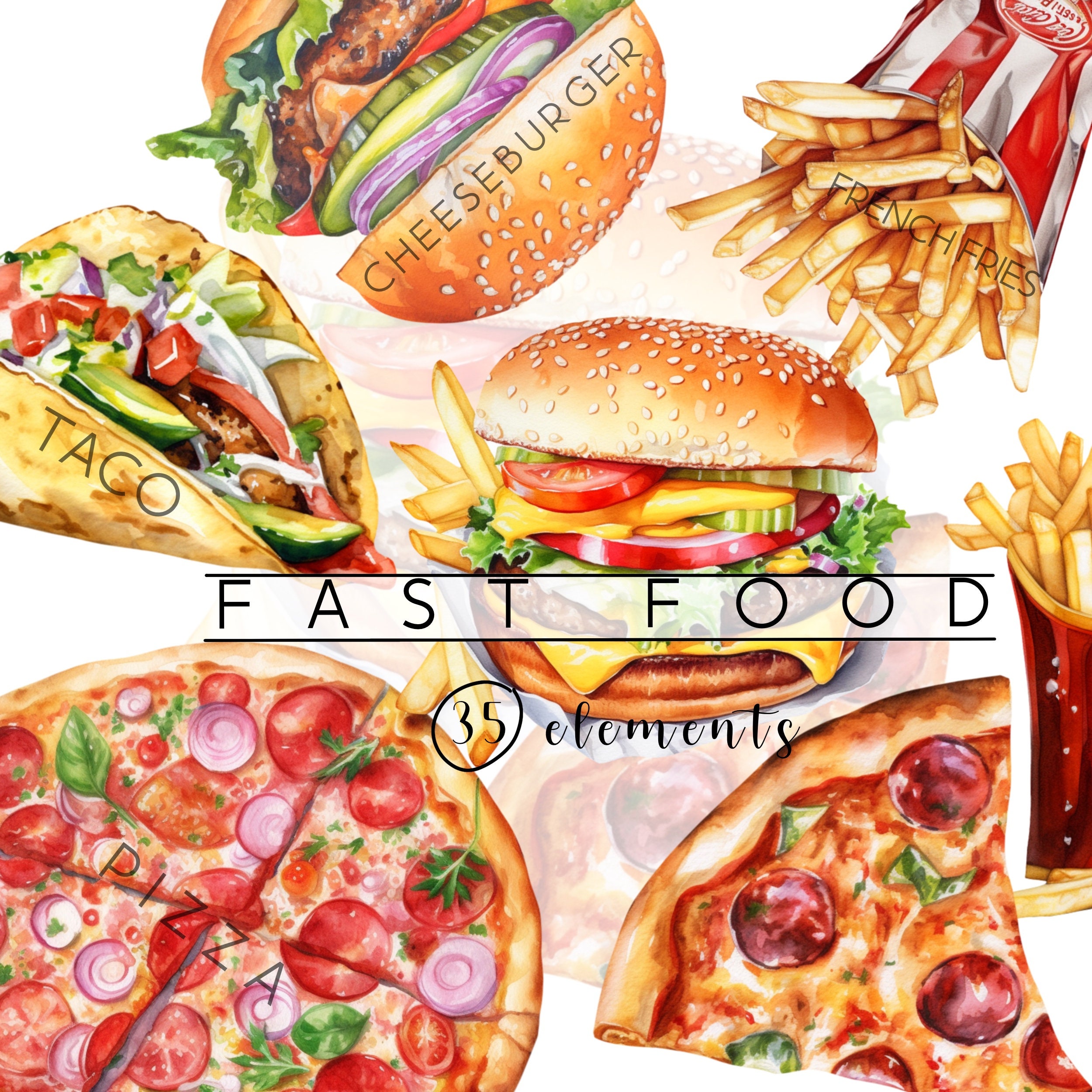 Watercolor Fast Food Clipart. Burger Png. Pizza Clipart. Fried Fries ...