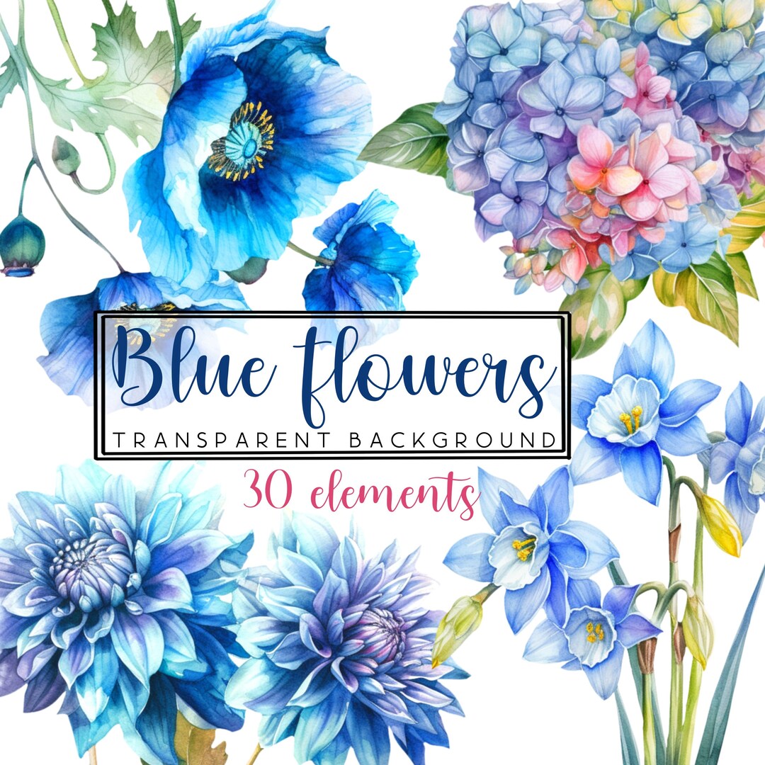 Watercolor Blue Floral Clipart. Blue Flower PNG. Pastel Blue Rose PNG ...