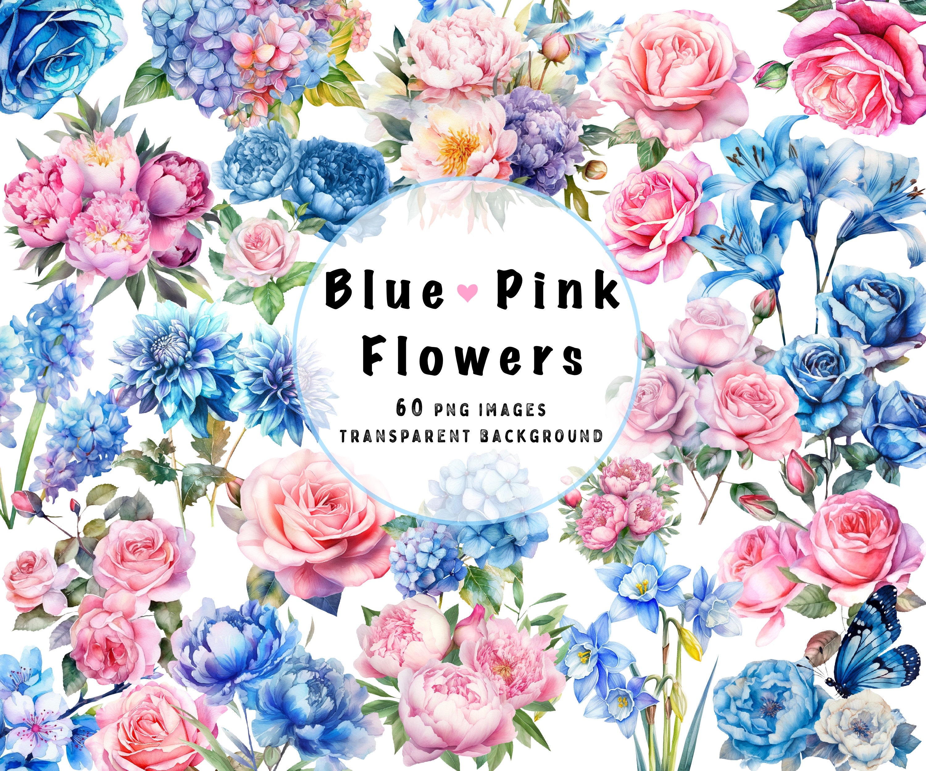 Watercolor Pink Flowers Clipart. Wildflowers Arrangement. Blue Roses ...