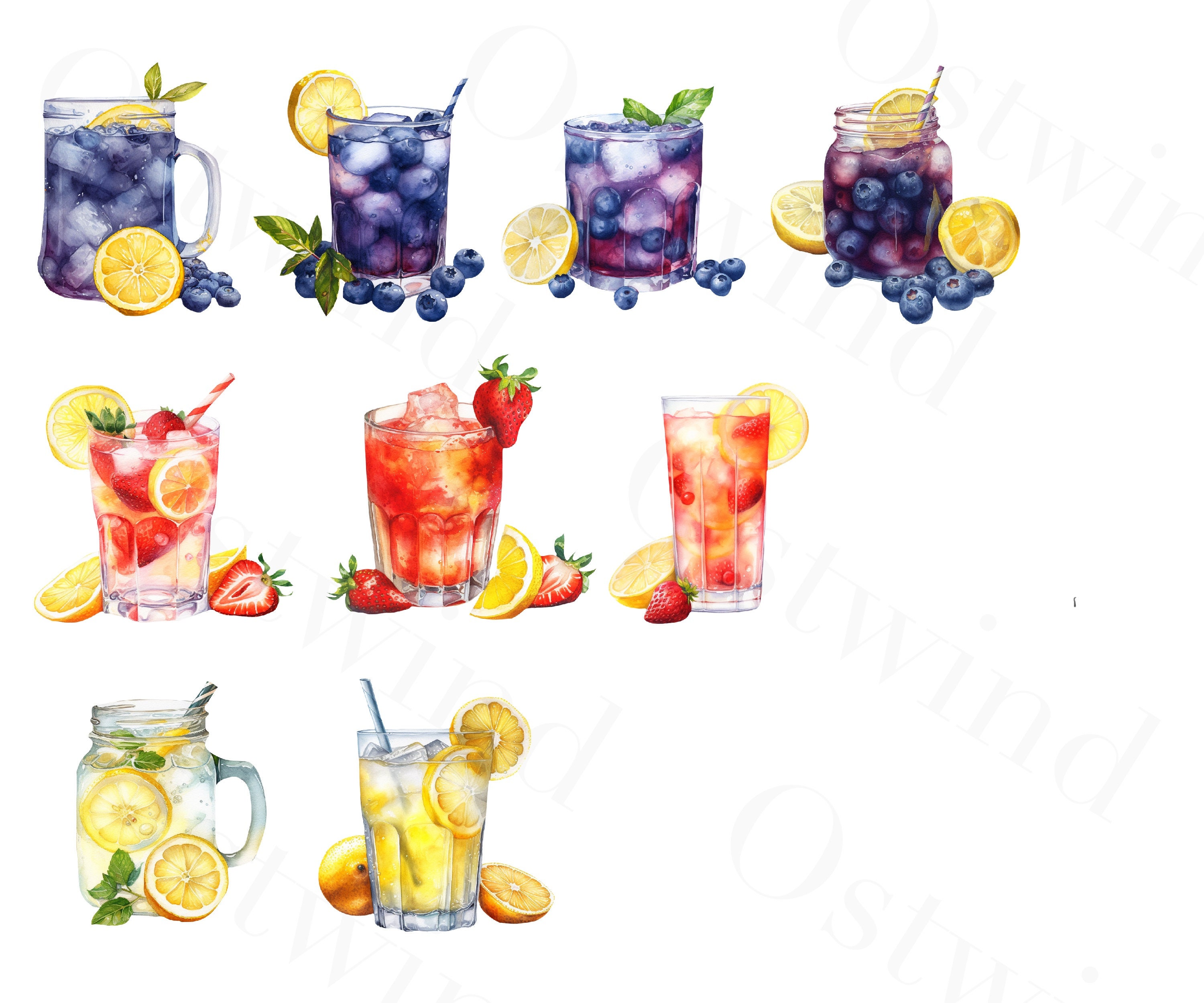 Watercolor Strawberry Lemonade Clipart Bundle, Refreshing Summer Drinks ...