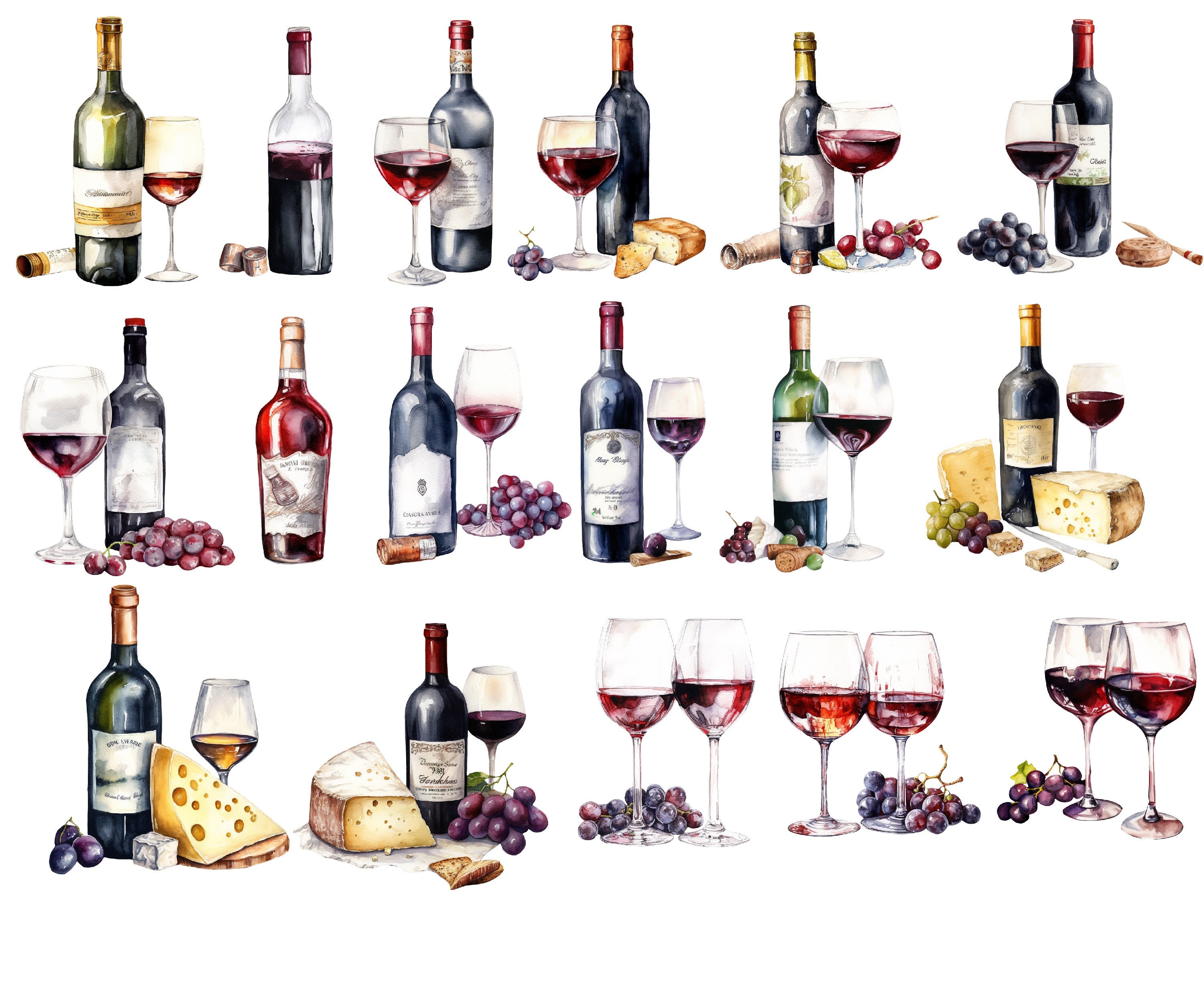 Set of 17 Watercolor Wine Clipart in Transparent Png Format. Alcolhol ...