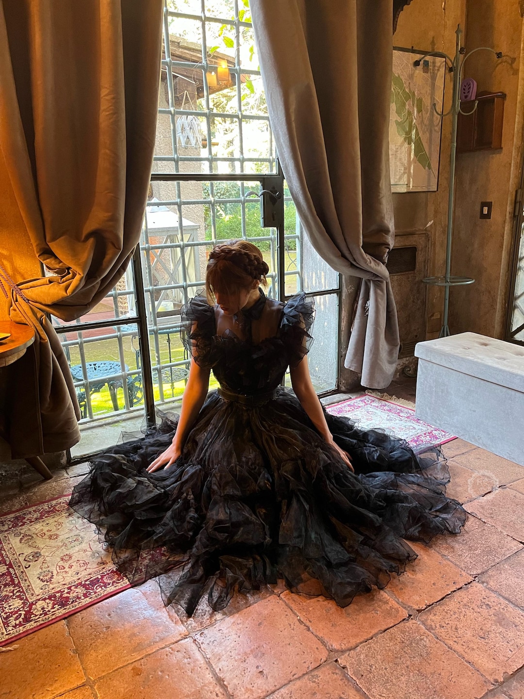 Gothic Halloween Black Organza Dress With Ruffles , Raven Prom Dress ...