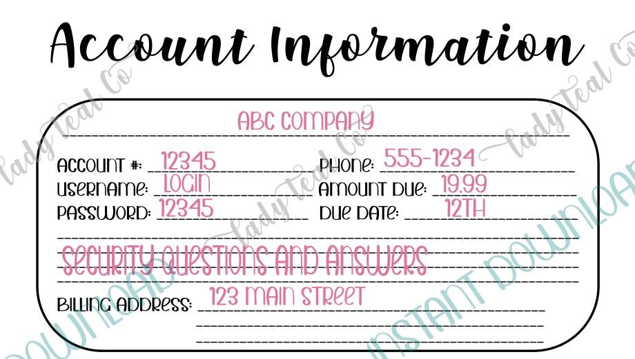 Account Information Printable Insert, Home Management Binder - Etsy