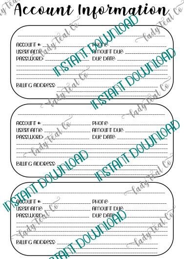Account Information Printable Insert, Home Management Binder - Etsy