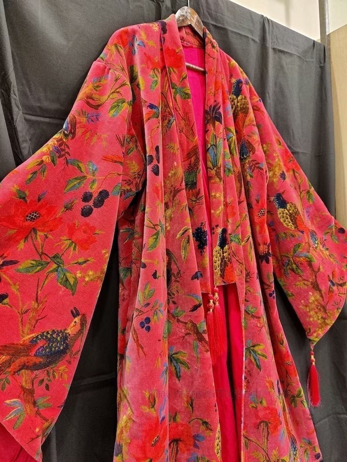 Pink Bird Velvet Banyan Fabric Kimono Cotton Velvet Robe Long - Etsy