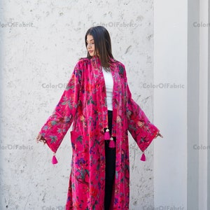 Pink Bird Velvet Banyan Fabric Kimono Cotton Velvet Robe Long, Original ...