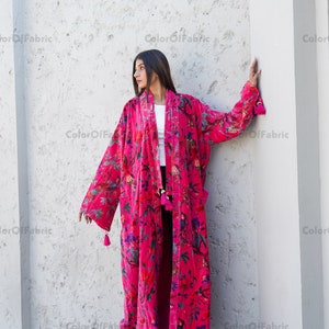 Pink Bird Velvet Banyan Fabric Kimono Cotton Velvet Robe Long, Original ...