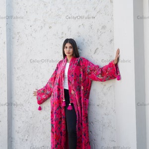 Pink Bird Velvet Banyan Fabric Kimono Cotton Velvet Robe Long, Original ...