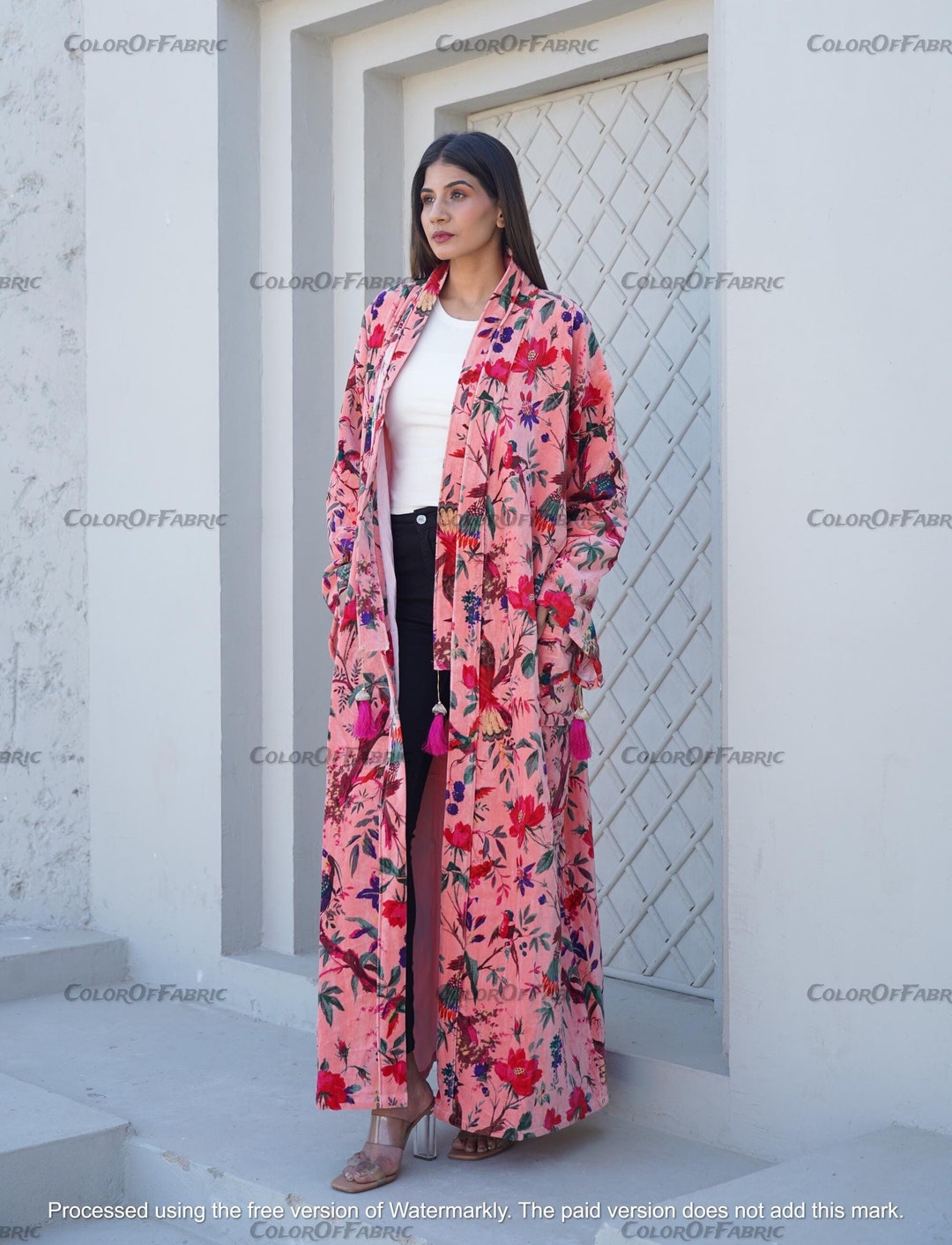 OFMD Pink Bird Velvet Banyan Fabric Kimono Cotton Velvet Robe Long ...
