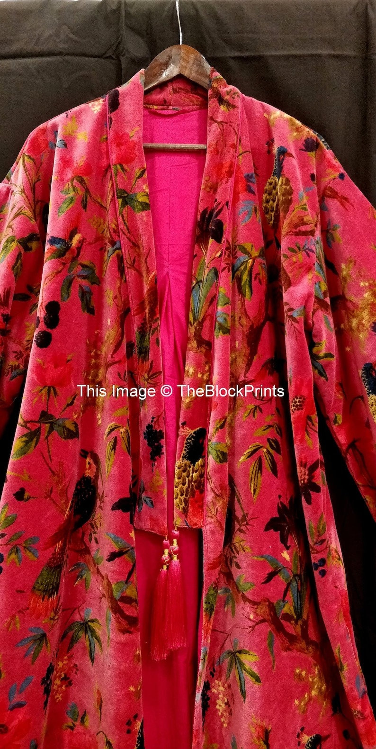 OFMD Pink Bird Velvet Banyan Fabric Kimono Cotton Velvet Robe - Etsy