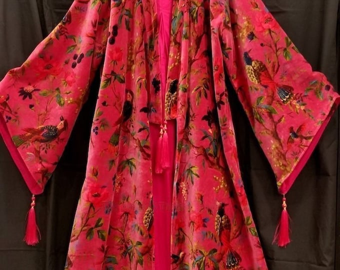 Pink Bird Velvet Banyan Fabric Kimono Cotton Velvet Robe Long, Original ...
