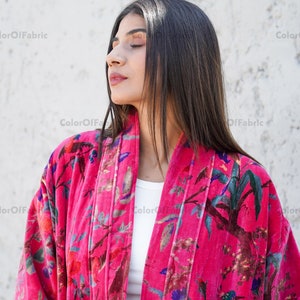 OFMD Pink Bird Velvet Banyan Fabric Kimono Cotton Velvet Robe Long ...