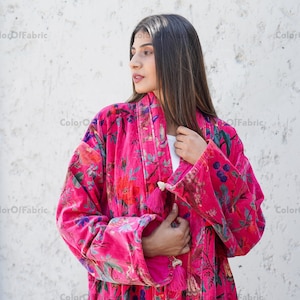 OFMD Pink Bird Velvet Banyan Fabric Kimono Cotton Velvet Robe Long ...
