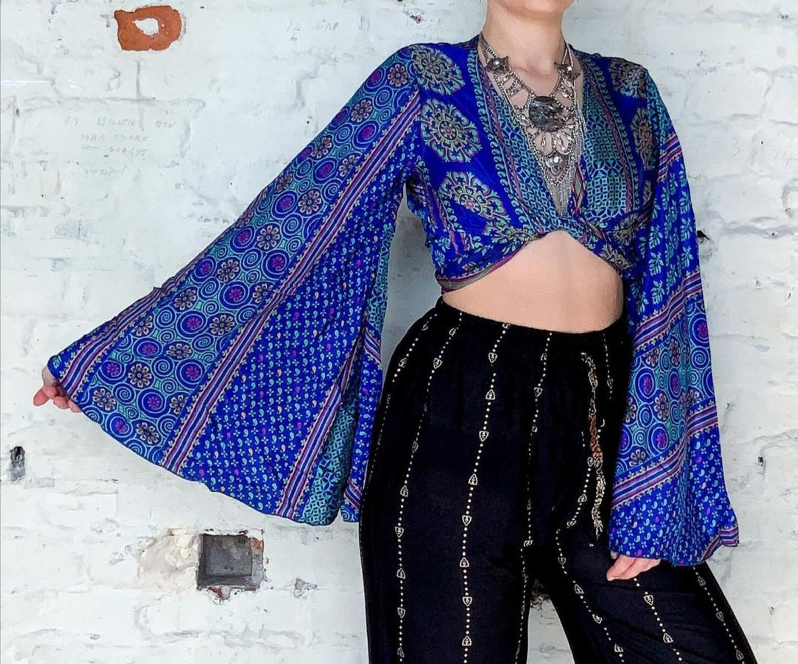 Silk floral Print Flared Sleeve Wrap Top Bell Sleeve | Etsy