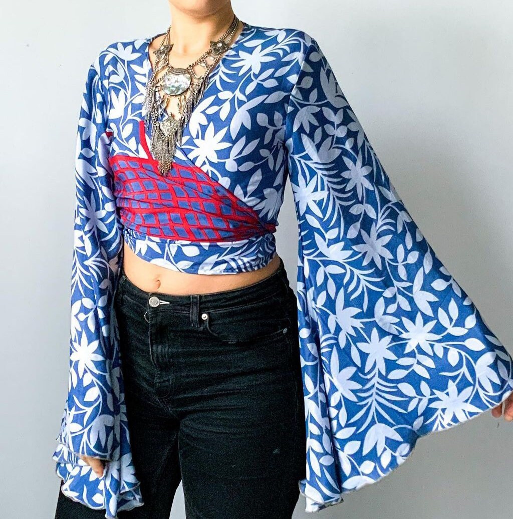 Silk floral Print Flared Sleeve Wrap Top Bell Sleeve | Etsy