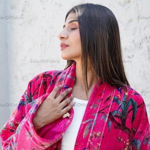 OFMD Pink Bird Velvet Banyan Fabric Kimono Cotton Velvet Robe Long ...