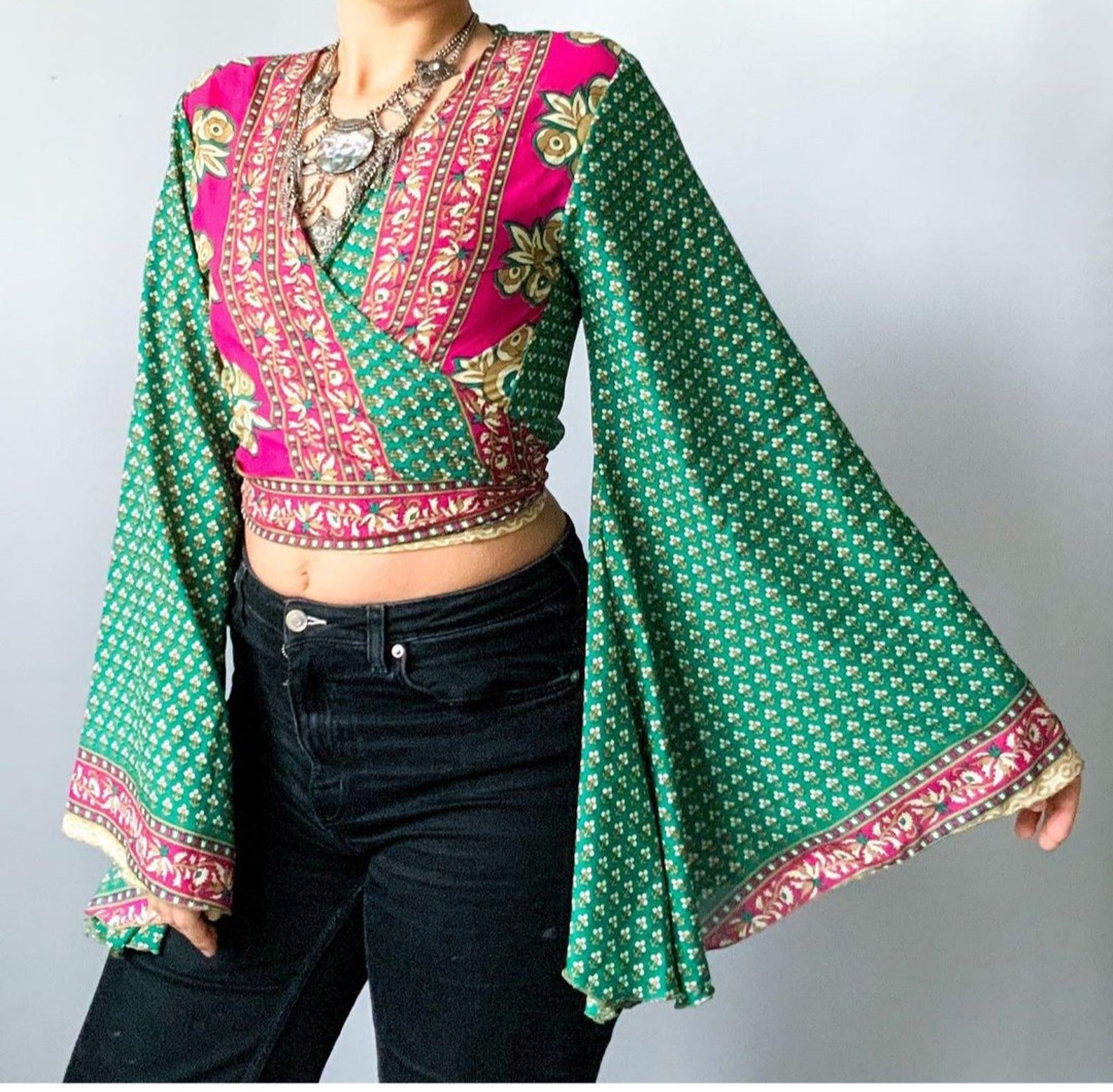 Silk Floral Print Flared Sleeve Wrap Top Bell Sleeve - Etsy