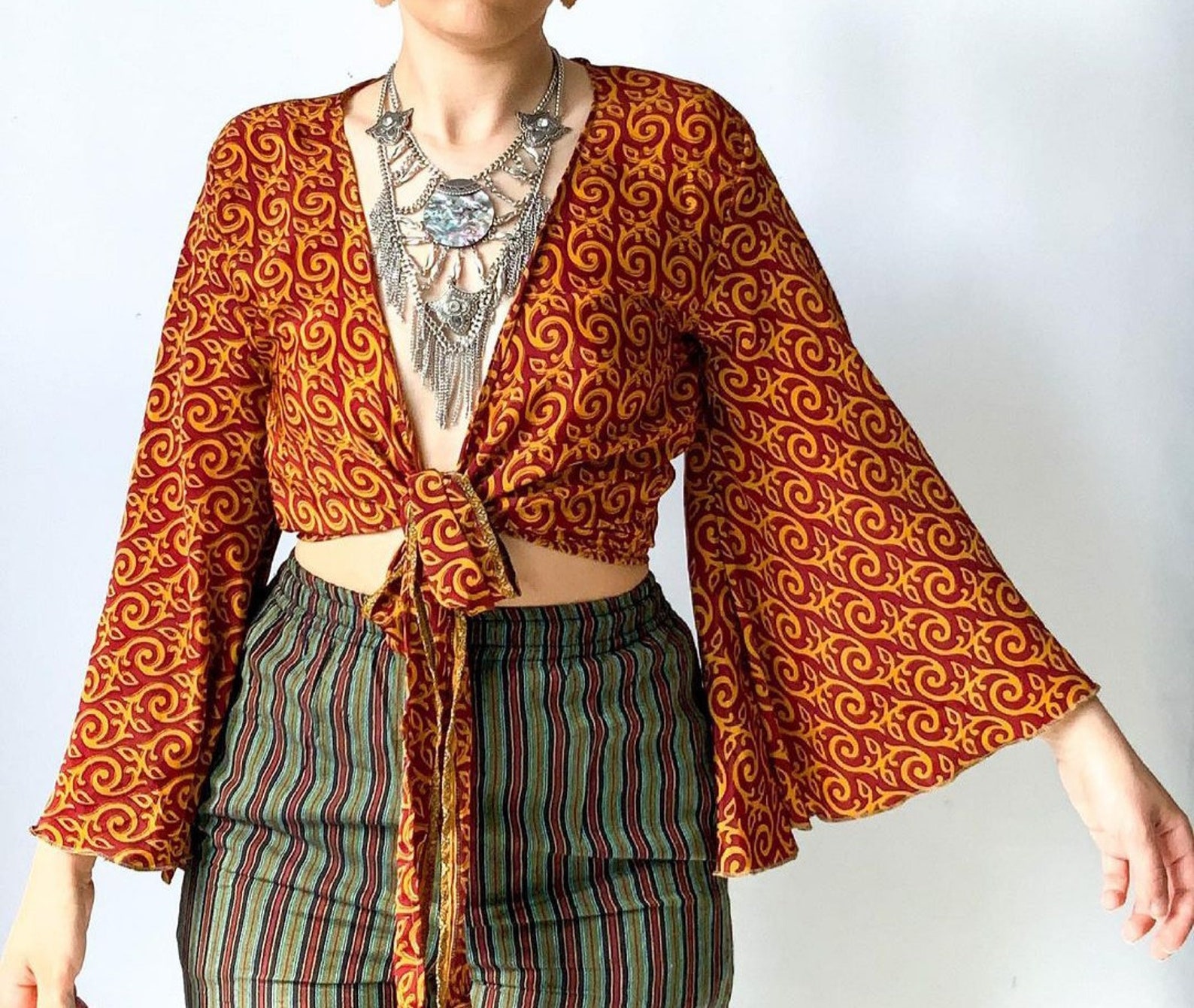 Silk floral Print Flared Sleeve Wrap Top Bell Sleeve | Etsy