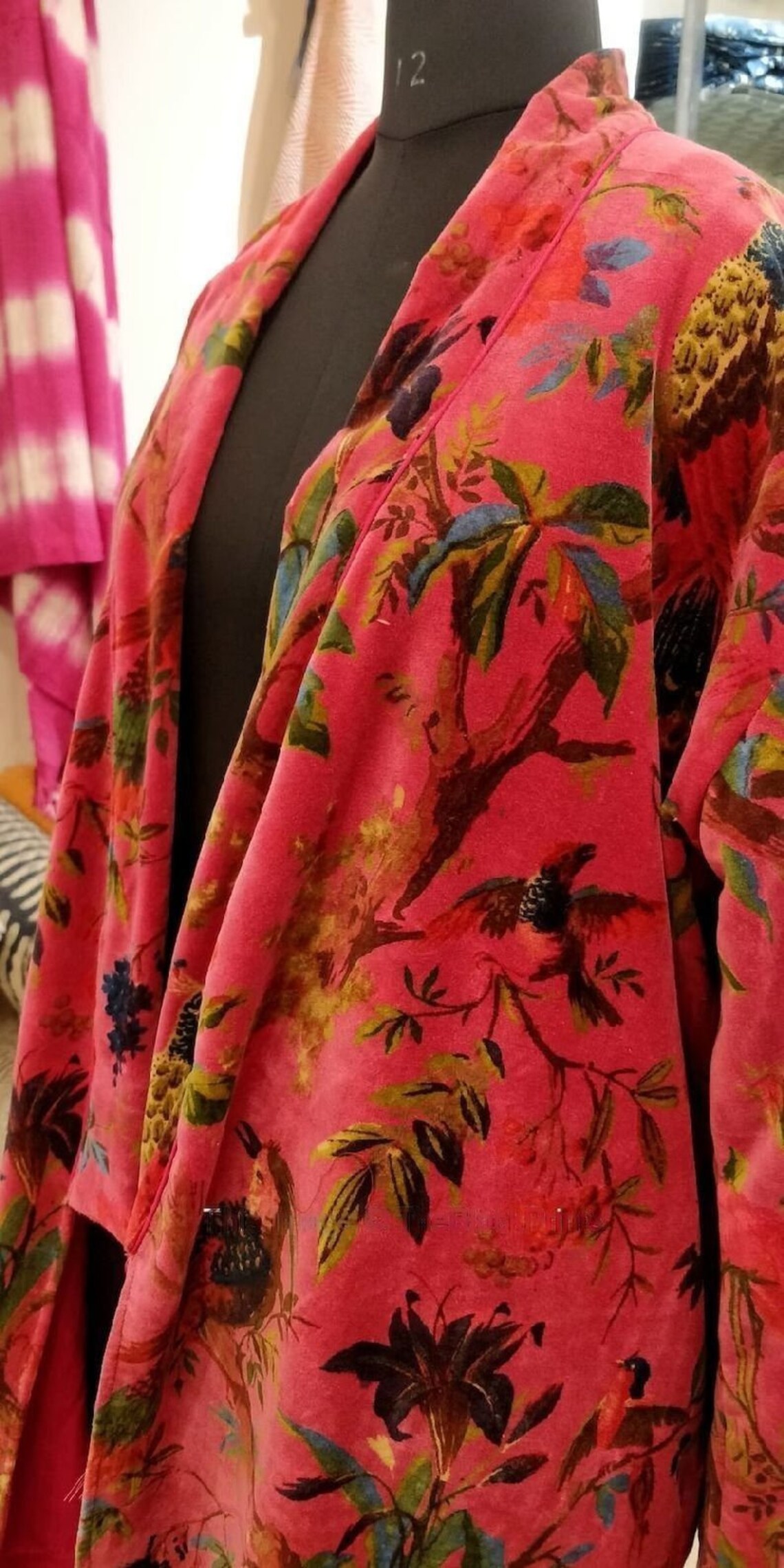 Pink Bird Velvet Banyan Fabric Kimono Cotton Velvet Robe Long - Etsy