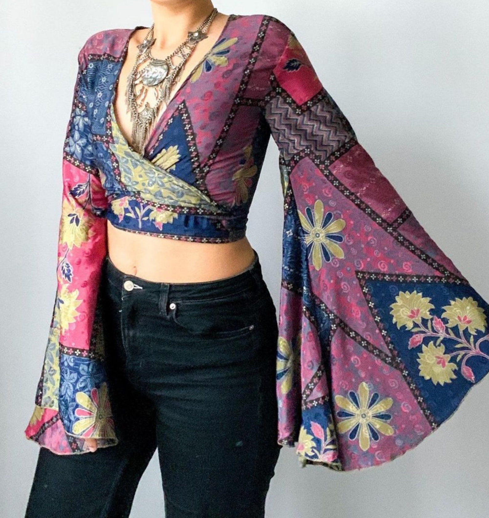 Silk floral Print Flared Sleeve Wrap Top Bell Sleeve | Etsy