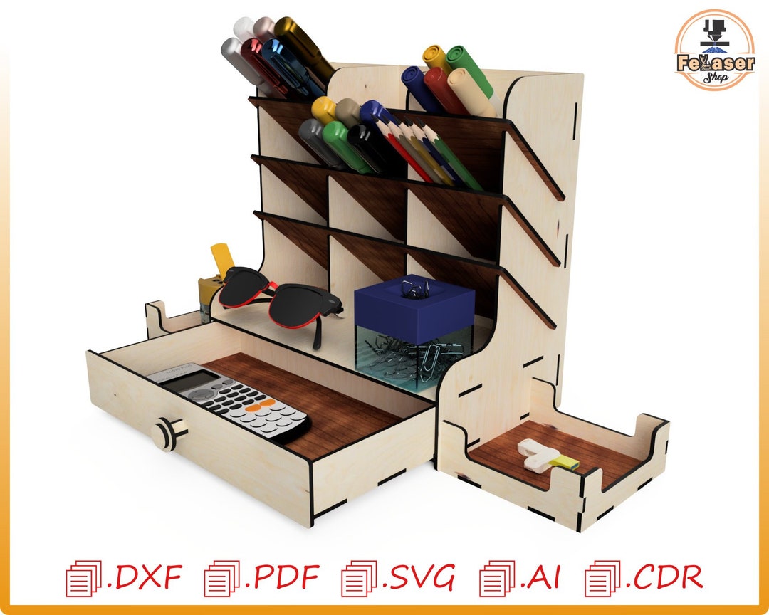 Laser Cut Wood Desk Organizer, Glowforge Cnc Pen Holder, Pen Storage ...