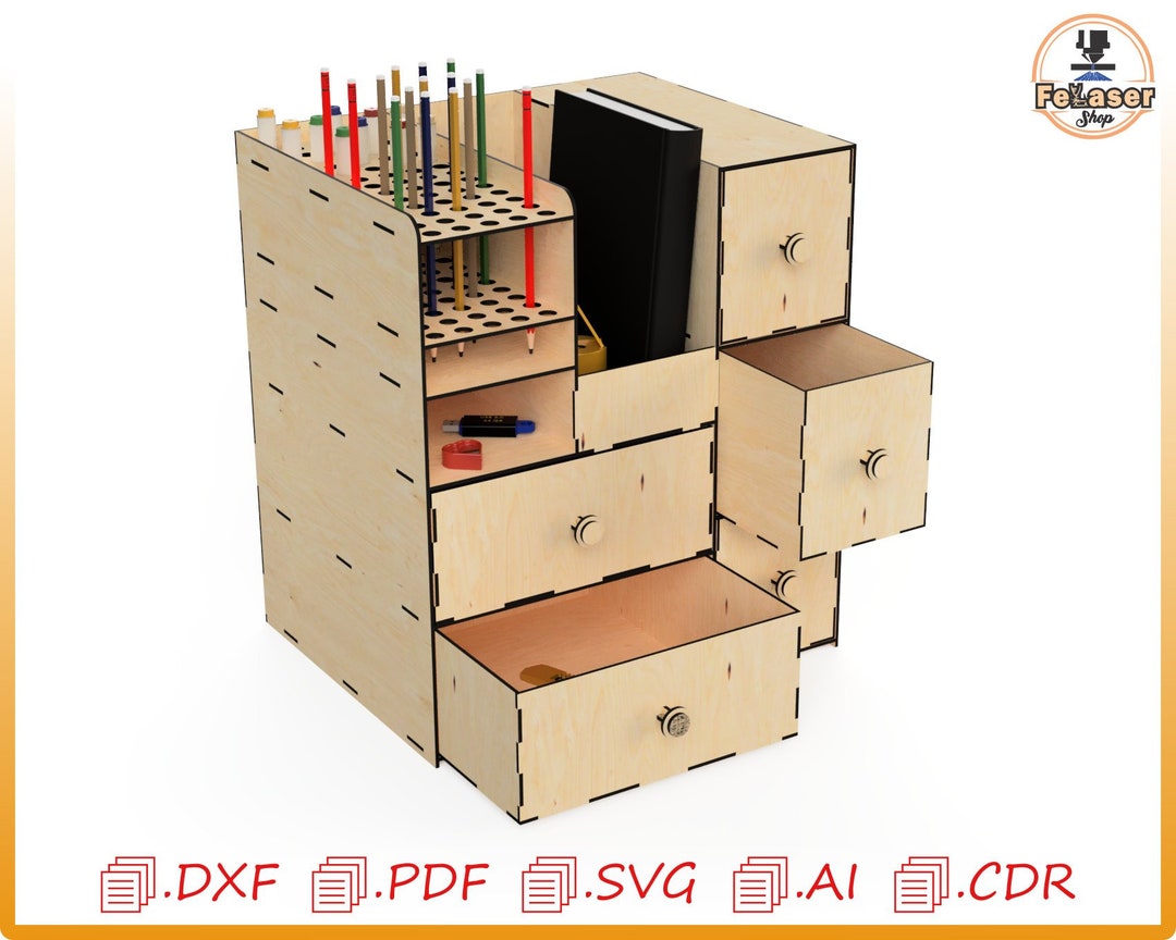 Laser Cut Wood Desk Organizer, Glowforge Cnc Pen Holder, Pen Storage ...