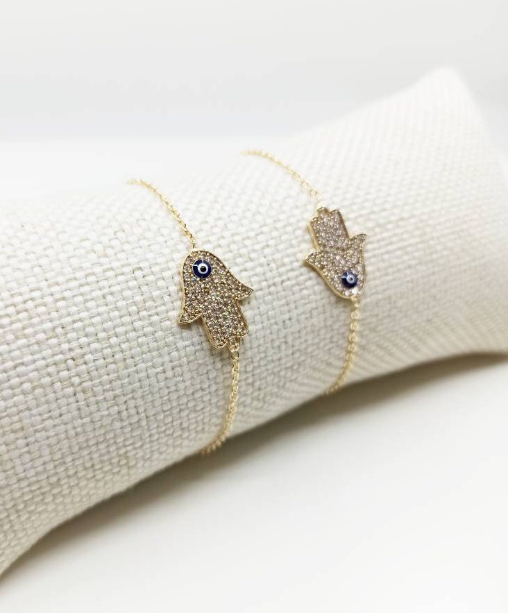 Hamsa Bracelet With Evil Eye, Hamsa Hand Jewelry, Hand of Fatima, Gold ...