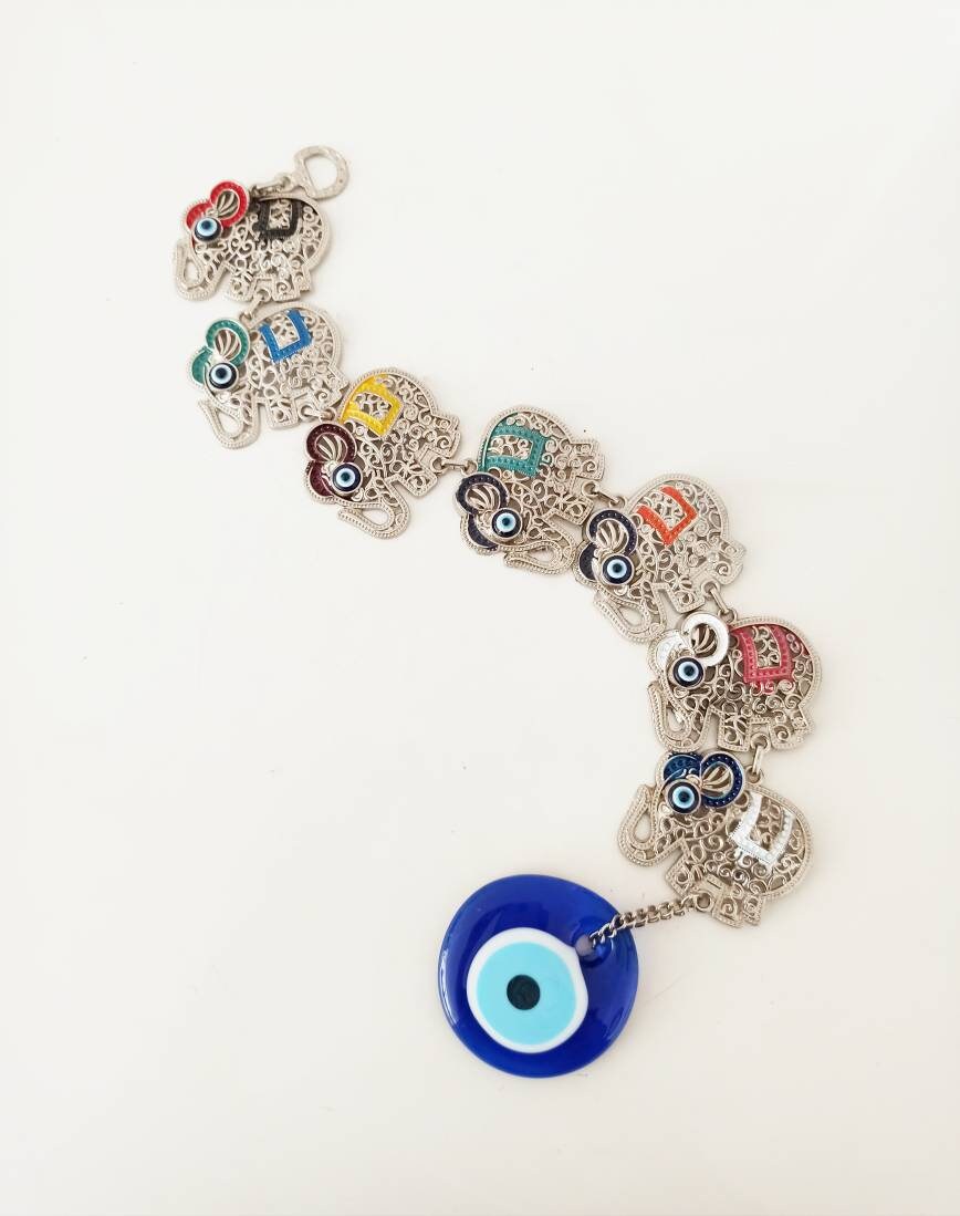 Evil Eye Wall Hanging With Seven Elephants, Turkish Eye With Elephants ...