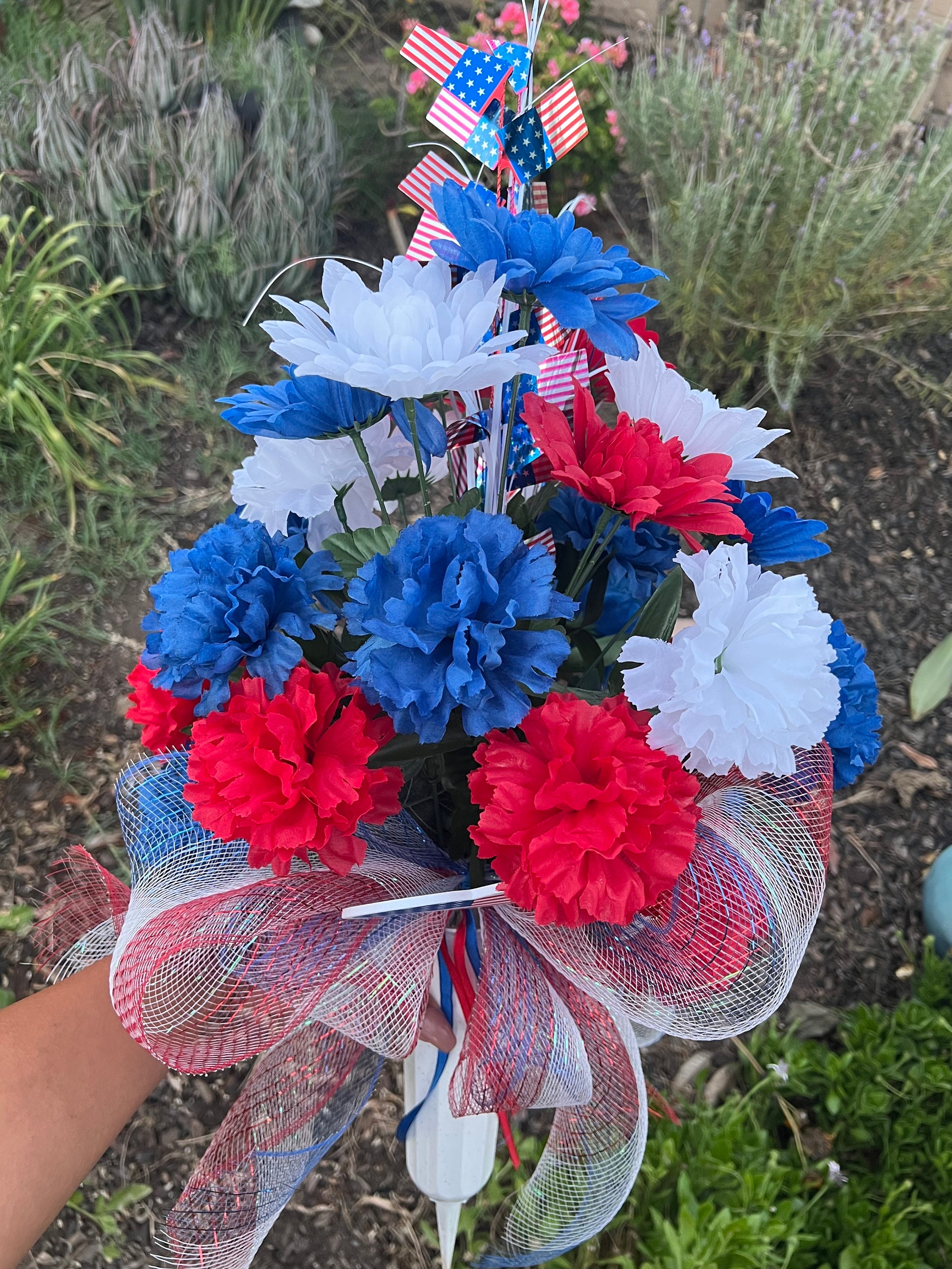 Red, White, and Blue Cemetery Flowers, Flower Arrangement, Gravesite ...