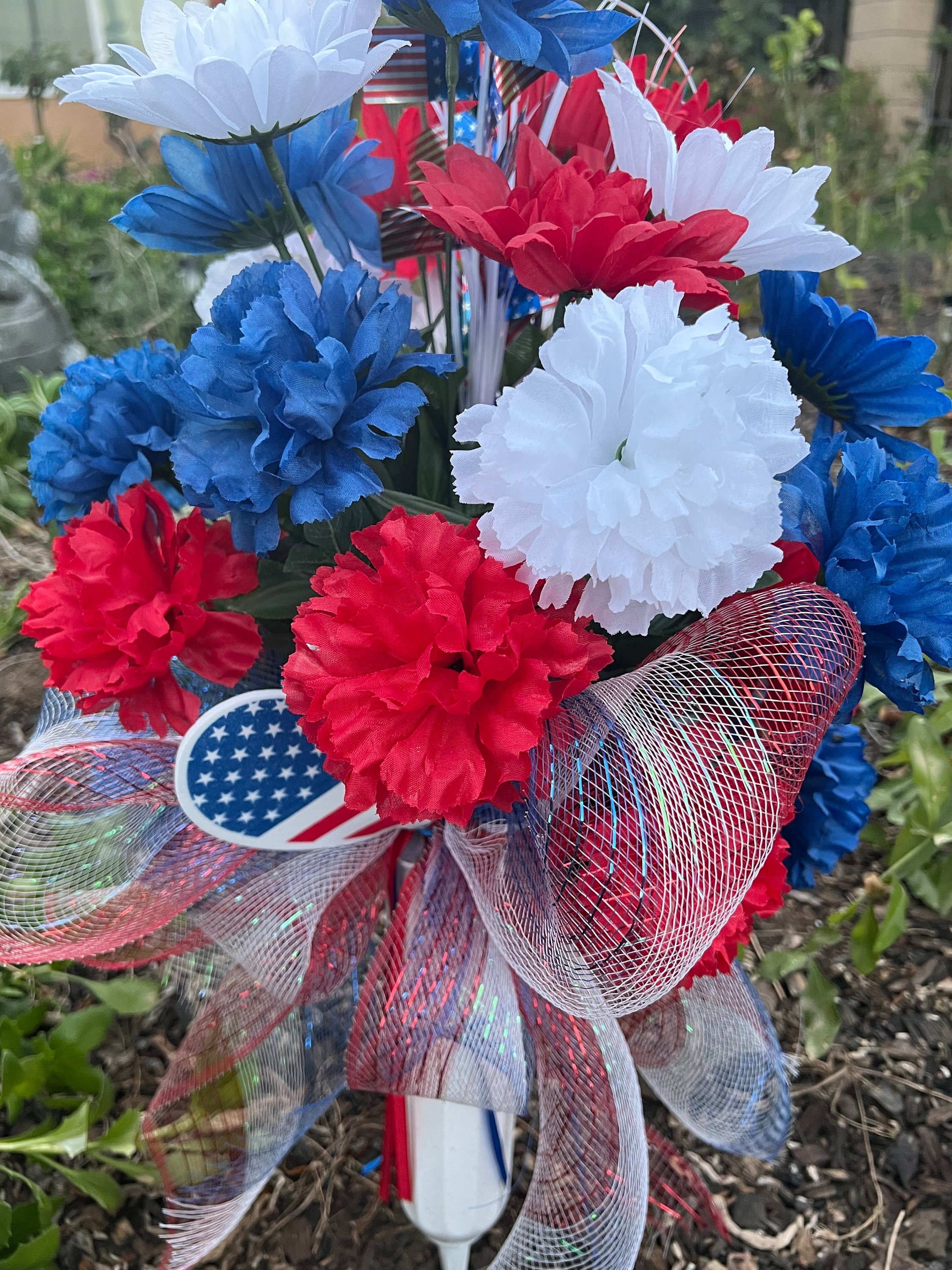 Red, White, and Blue Cemetery Flowers, Flower Arrangement, Gravesite ...