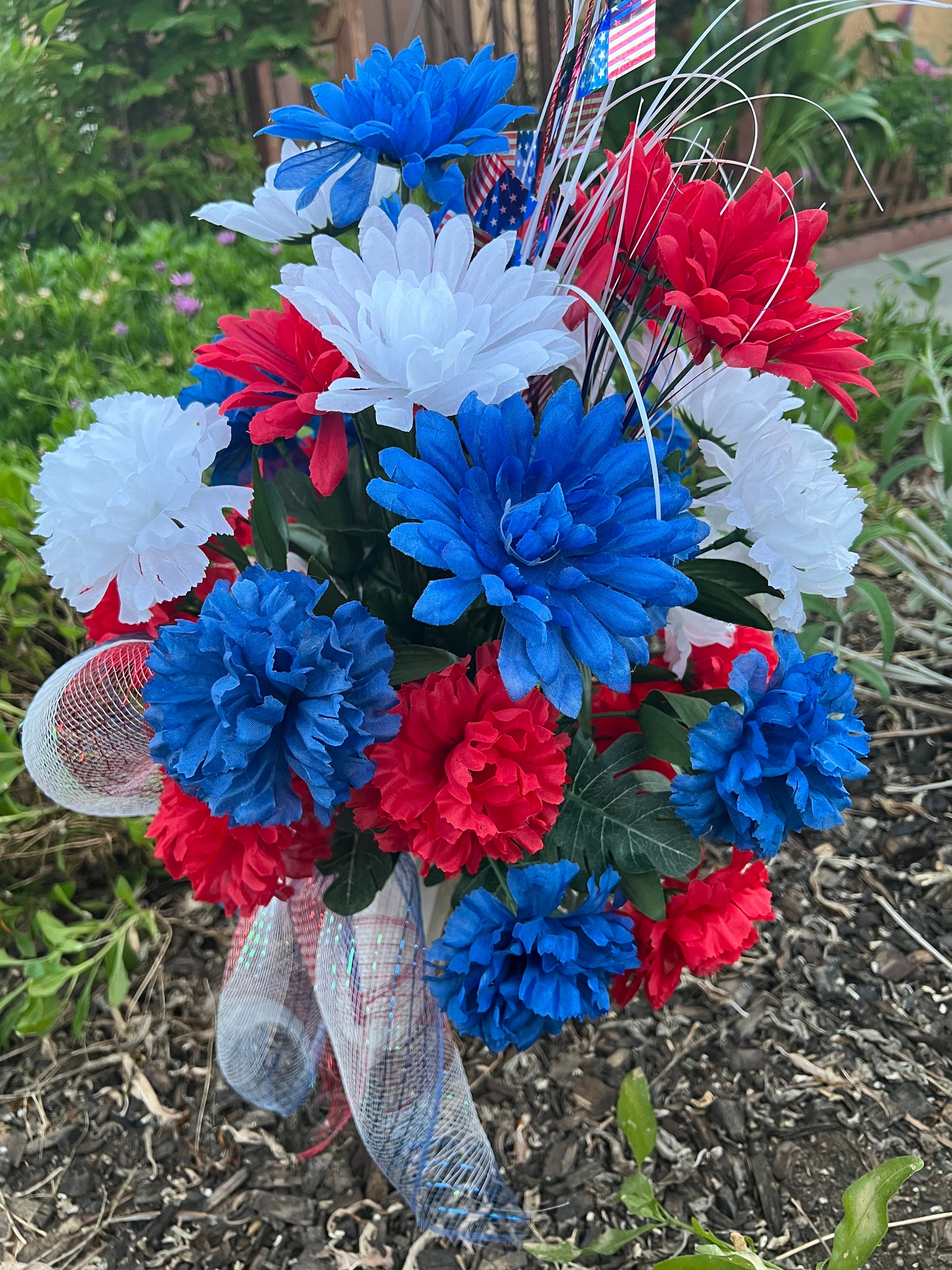 Red, White, and Blue Cemetery Flowers, Flower Arrangement, Gravesite ...