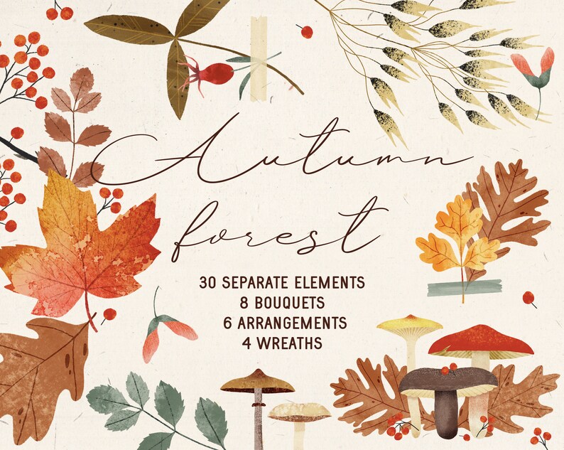 Autumn Forest Watercolor Clipart Leaves, Berries and Wooden Mushrooms ...