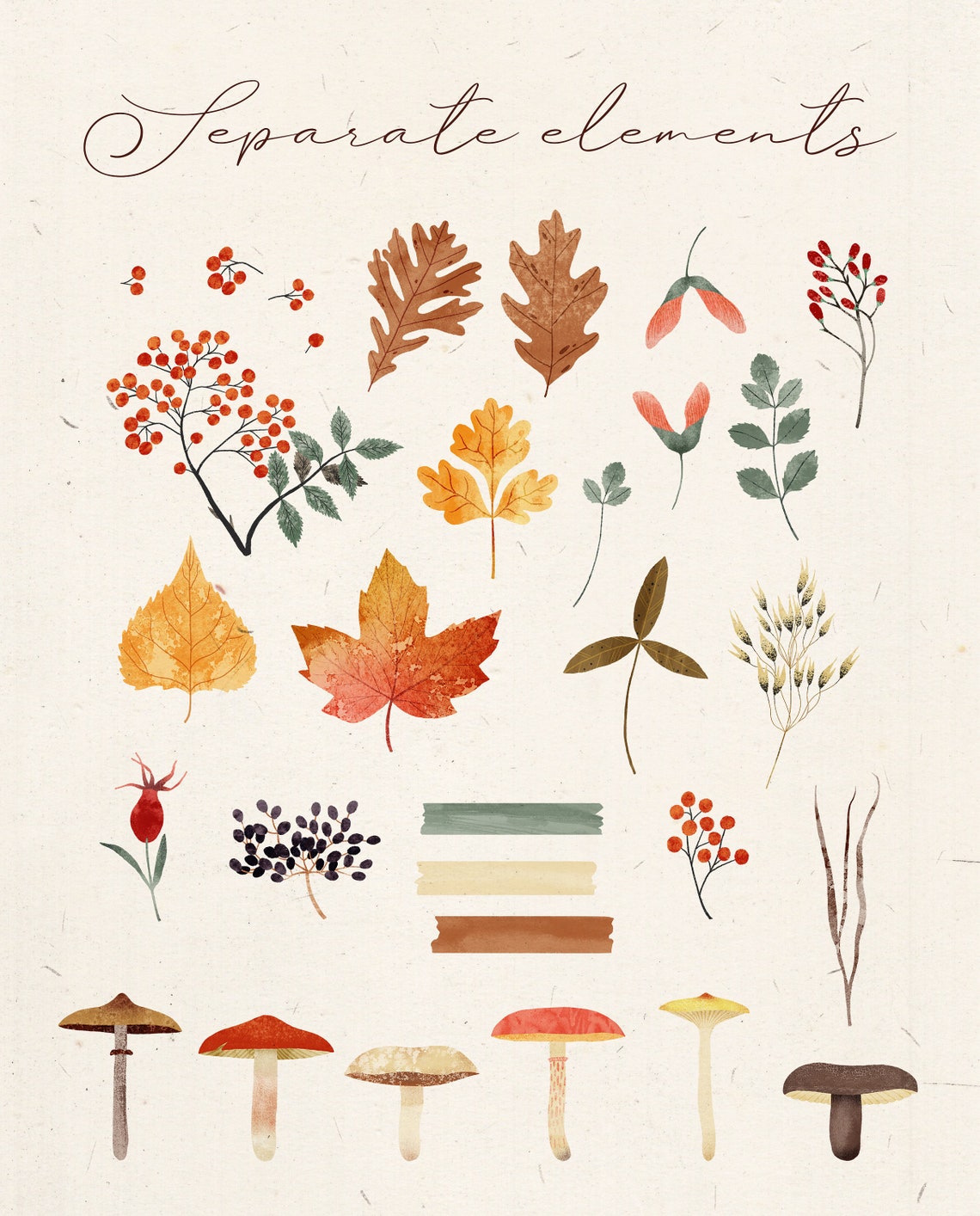 Autumn Forest Watercolor Clipart Leaves, Berries and Wooden Mushrooms ...