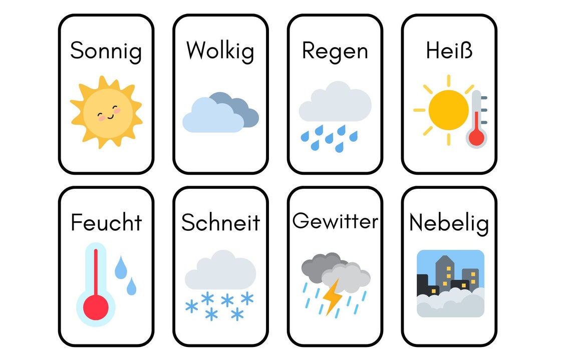 German Weather Flash Cards for Kids, Toddler Weather Cards, Weather ...