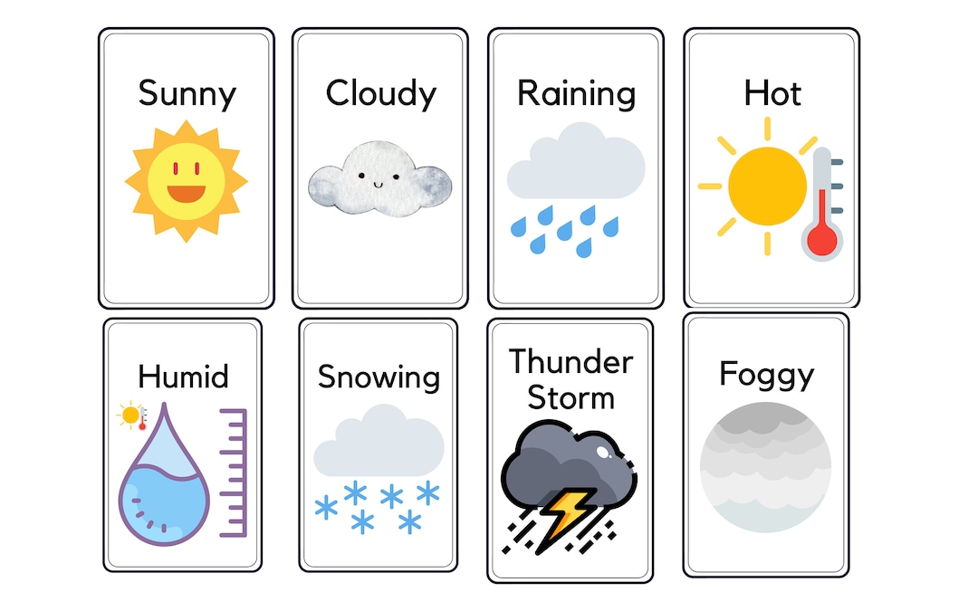Weather Flash Cards for Kids, Toddler Weather Cards, Weather Cards ...