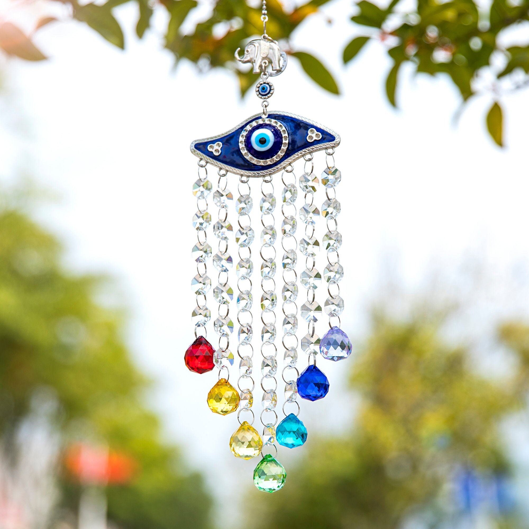 Home & Living Wind Chimes Turkish Blue Glass Evil Eye Bullseye Wood ...