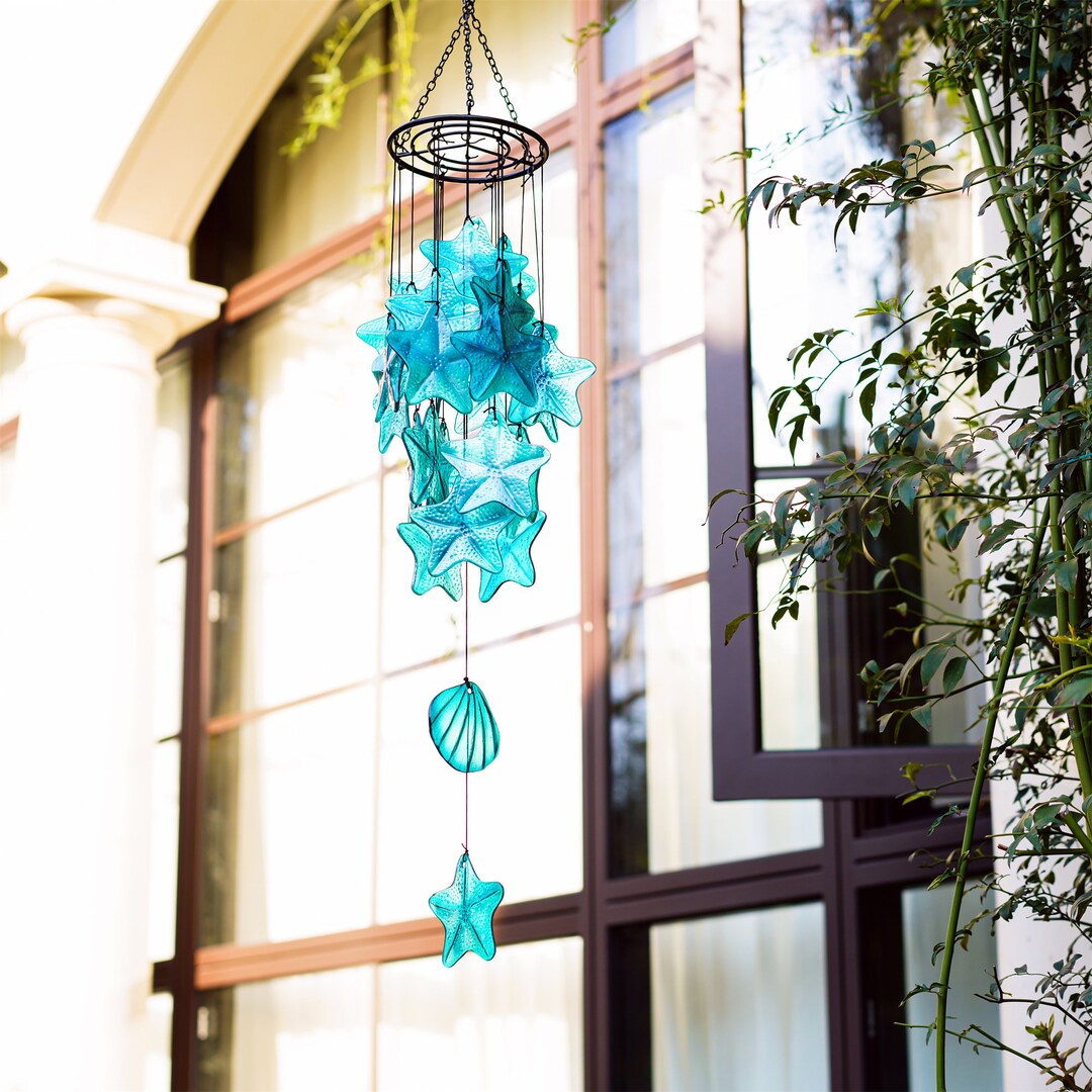 33.5in Blue Starfish Glass Large Wind Chimes,hanging Sea Glass Wind ...