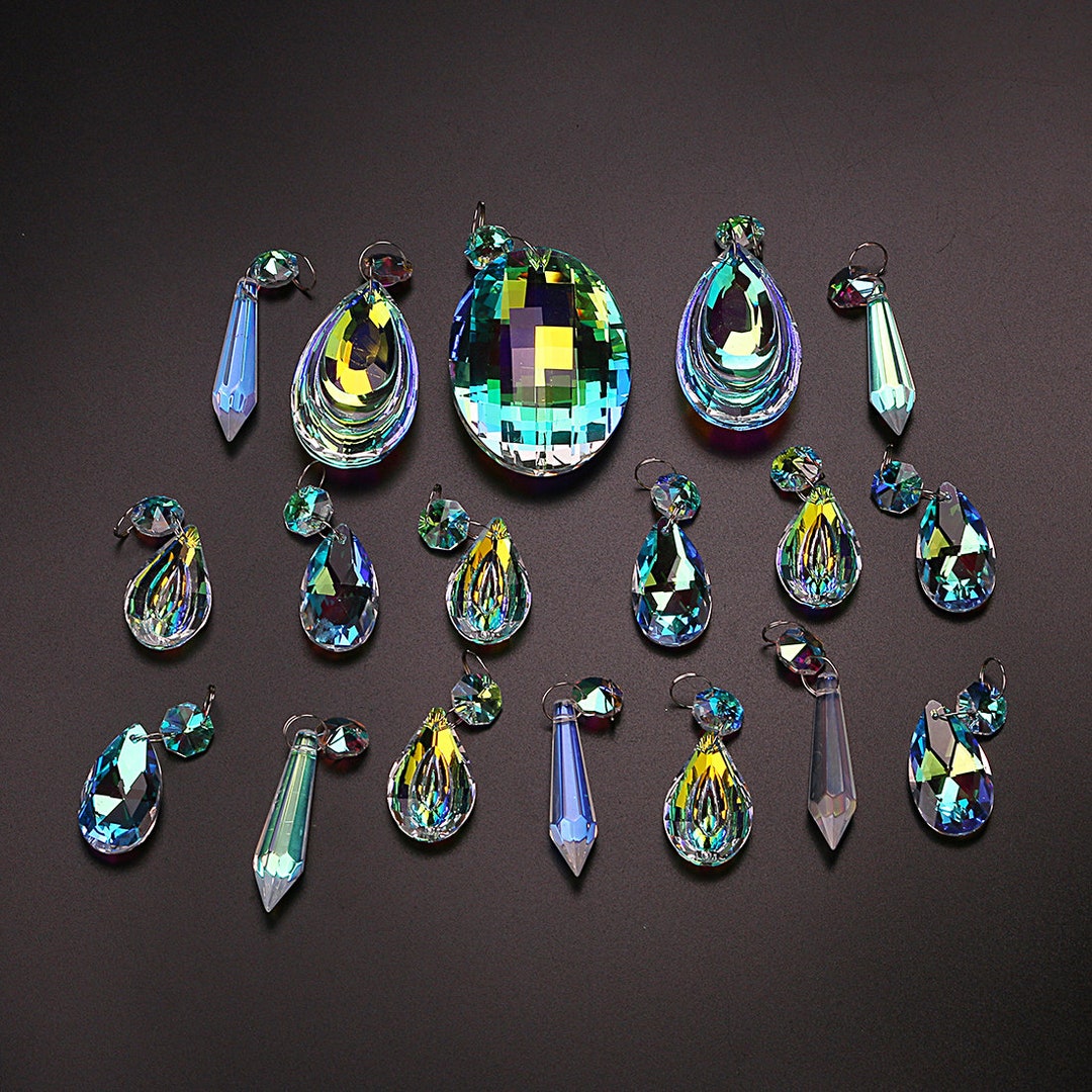 18pcs Colorful Lamp Prisms Parts With Octagon Bead Chandelier Glass ...