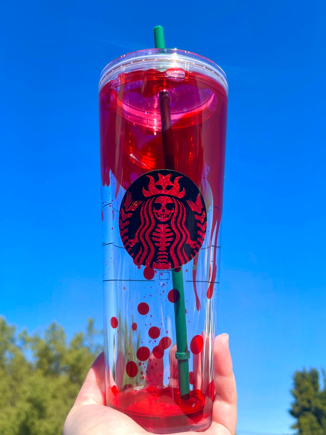 Spooky Blood Drip Tumbler With Holographic Red Vinyl Skeleton Design 16 ...