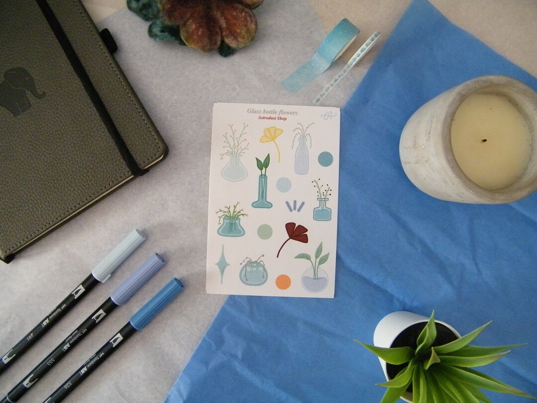 Sheer Bottle Flowers Sticker Sheet, Boullet Journal Stickers, Laptop ...