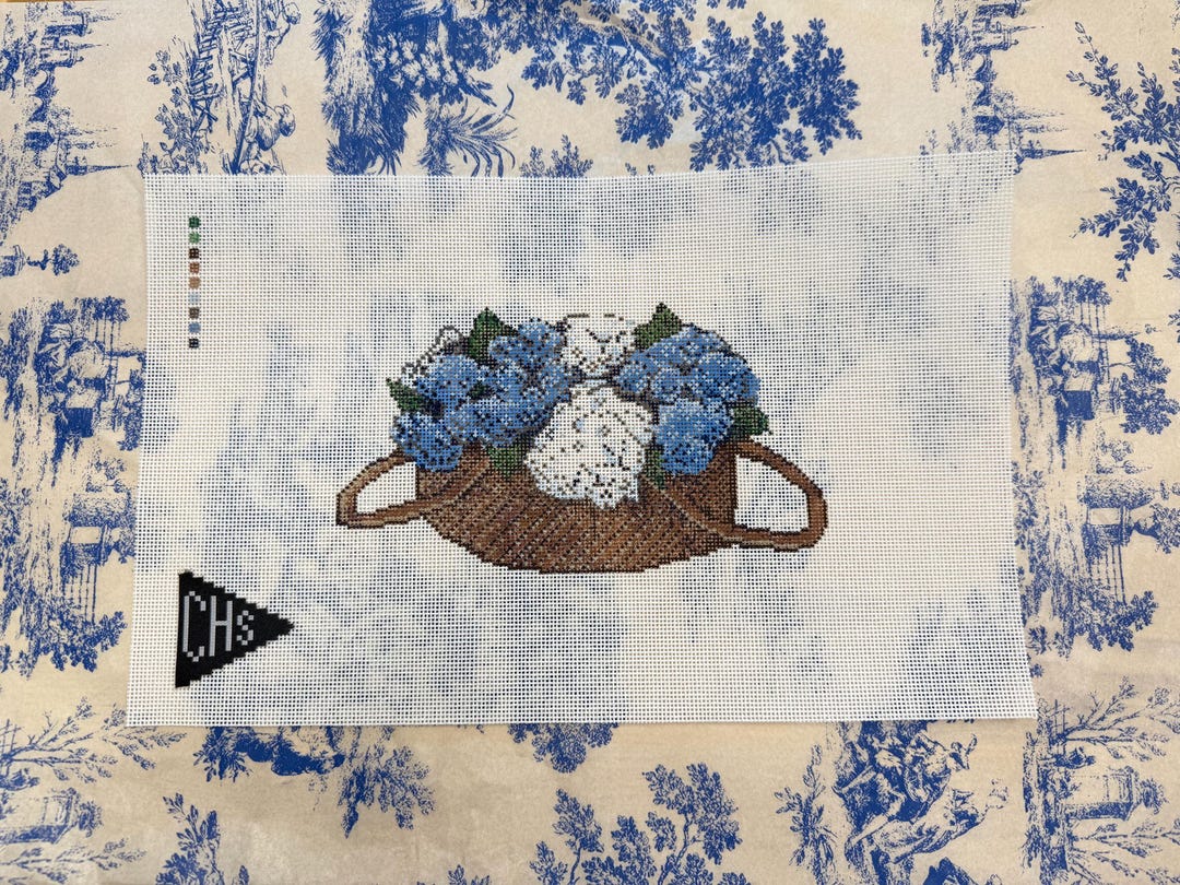 Hydrangeas in Basket Needlepoint Canvas for Pillow | Summer Coastal ...