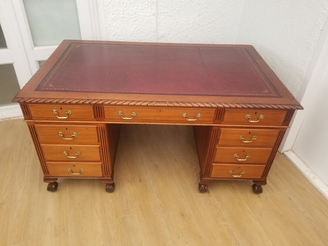 5x3ft Solid Wood Vintage Desk Red Leather Top Carved Desk With Ball ...