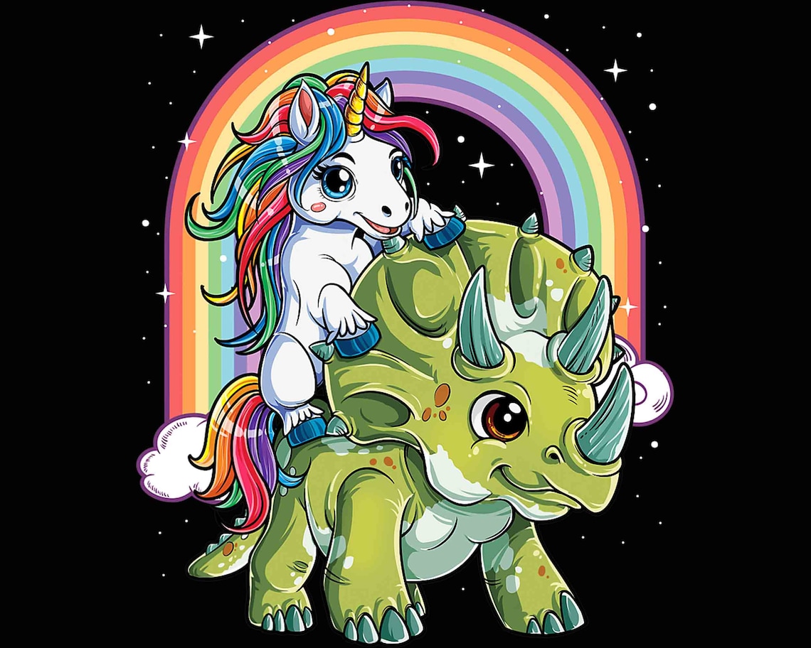Unicorn Riding Dinosaur png Triceratops Rainbow png design | Etsy