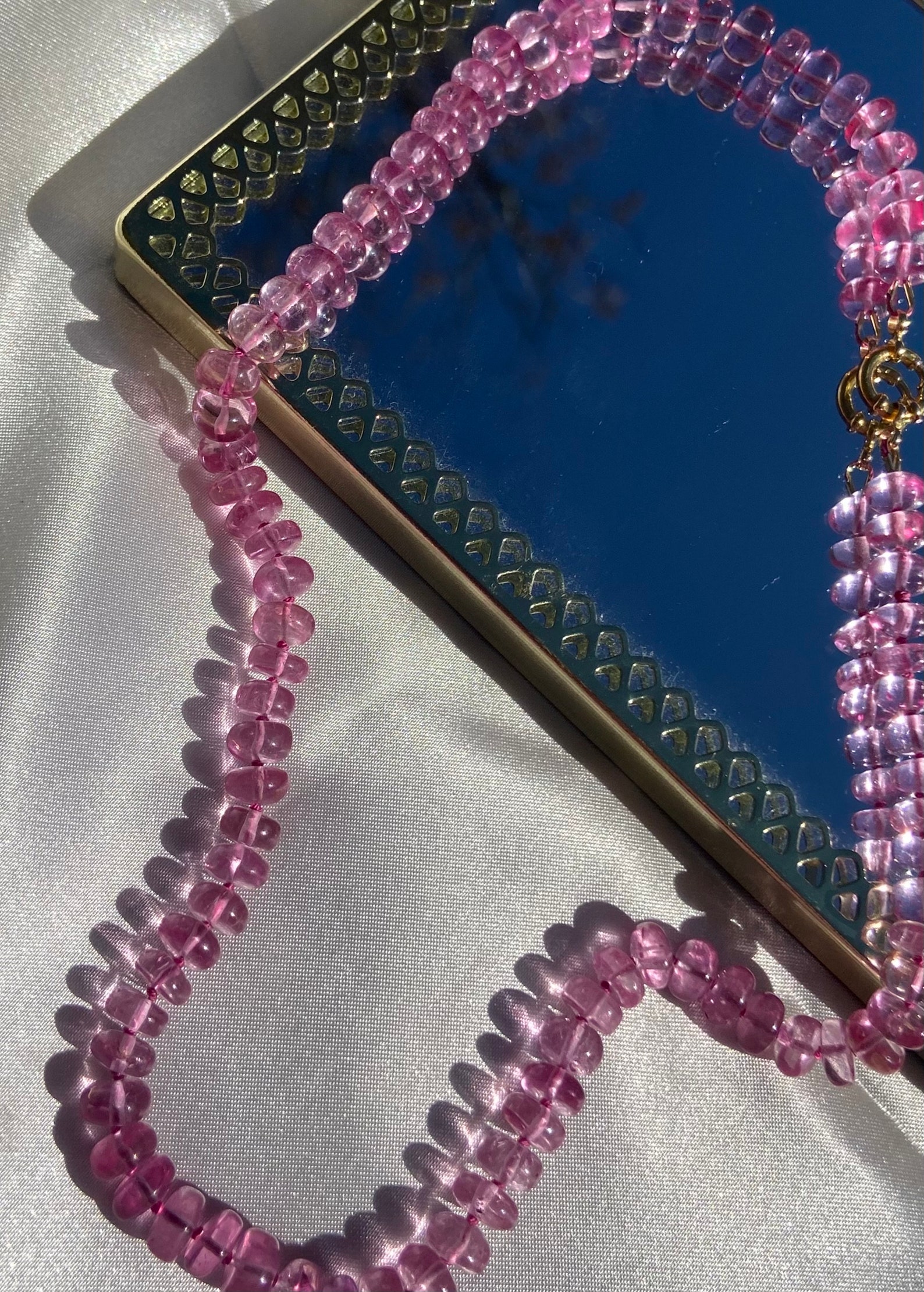 Barbie Pink Topaz Gemstone Necklace | Hand Knotted on Silk | 14k Solid ...