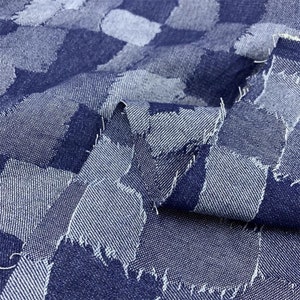Patch Check Jacquard Cotton Denim Fabric, Washed Denim Fabric, Blue ...