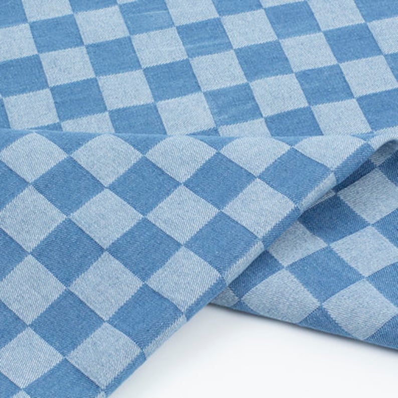 Checkerboard Denim Fabric, Jacquard Geometric Denim Fabric, Washed ...