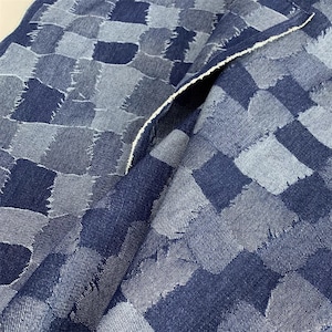 Patch Check Jacquard Cotton Denim Fabric, Washed Denim Fabric, Blue ...