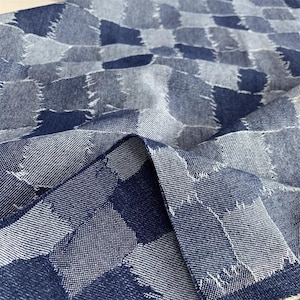 Patch Check Jacquard Cotton Denim Fabric, Washed Denim Fabric, Blue ...