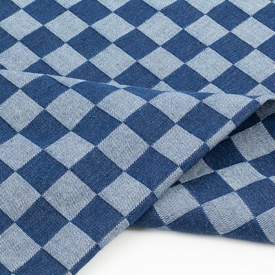 Checkerboard Denim Fabric, Jacquard Geometric Denim Fabric, Washed ...